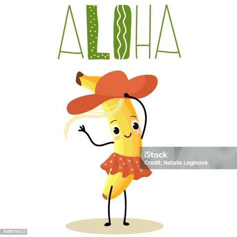 벡터 일러스트 레이 션 캐릭터 만화 재미있는 바나나 빨간 치마와 모자를 착용 알로하 레터링 여름 분위기 재미있는 과일 유기농 아기 개념 여름을위한 인쇄 디자인 0명에 대한