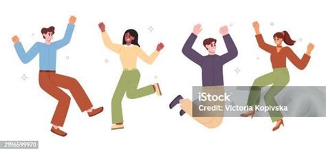 쾌활하게 공중에서 점프하는 행복한 남자와 여자 현대 평면 벡터 일러스트 레이 션 감정에 대한 스톡 벡터 아트 및 기타 이미지 감정 경영자 긍정적인 감정 표현 Istock