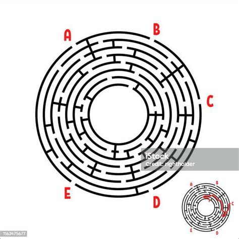 추상 라운드 미로 아이들을위한 게임 어린이 퍼즐 5개의 입구 1개의 출구 미로 수수께끼 흰색 배경에 격리 된 간단한 평면 벡터 그림입니다 대답과 함께 개념에 대한 스톡 벡터