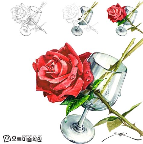 실전수업시범작 기초디자인 질감표현 기디 장미꽃 5월 와인잔 소묘 개체표현 개체시범 수업작 매일매일시범 수시
