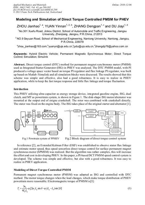 Modeling And Simulation Of Direct Torque Controlled Pmsm For Phev Scientific Net
