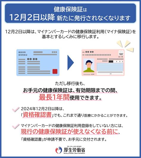 12月2日以降、健康保険証は新たに発行されなくなります ただし、お手元の健康保険証は、有効期限までの間、最長1年間使用できます。 また、 マイナ保険証 を保有しない方もこれまで通り医療に