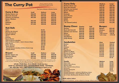Menu At The Curry Pot Restaurant Pietermaritzburg Shop 52
