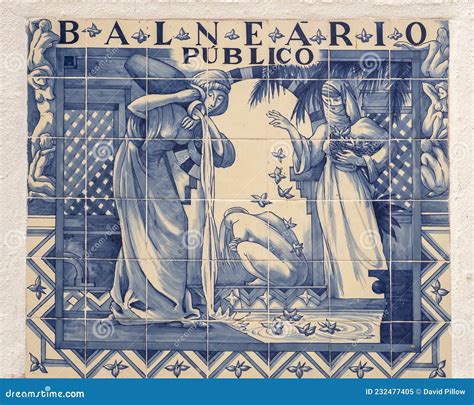 Mosaic Tile Mural On An Outside Wall In Alfama Depicting A Public Spa Stock Illustration