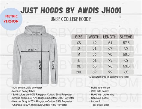 4 Size Chart Just Hoods By Awdis Jh001 Mockup Etsy Tool Unisex College
