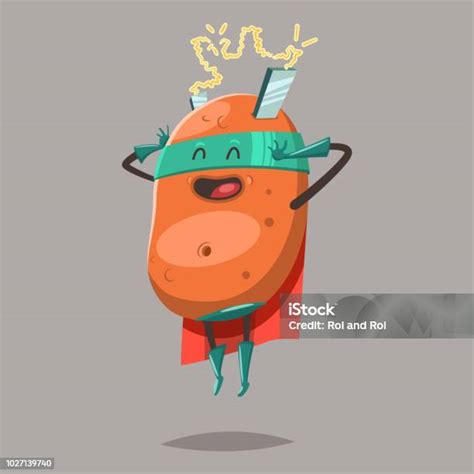 슈퍼 히어로 의상 마스크와 망 토와 그의 머리에 번개와 식물성의 귀여운 감자 만화 문자입니다 건강 한 식습관과 라이프 스타일에 대 한 평면 스타일에 벡터 개념 그림 초영웅에