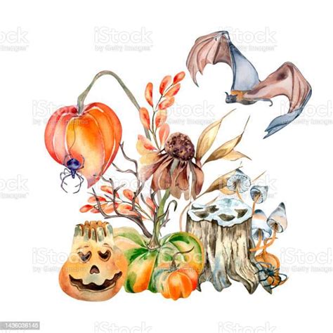 흰색 배경에 고립 된 박쥐 수채화 그림이있는 다채로운 할로윈 구성 10월에 대한 스톡 벡터 아트 및 기타 이미지 10월