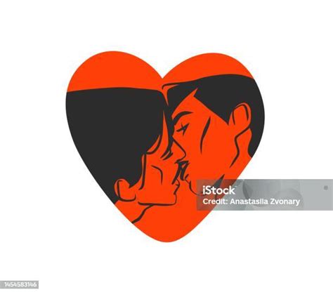 손으로 그린 벡터 추상 그래픽 그림 발렌타인 데이 카드 템플릿 게이 Lgbt 키스 커플 초상화는 심장 실루엣으로 설정됩니다 함께 키스하는 커플을 사랑합니다 발렌타인 데이