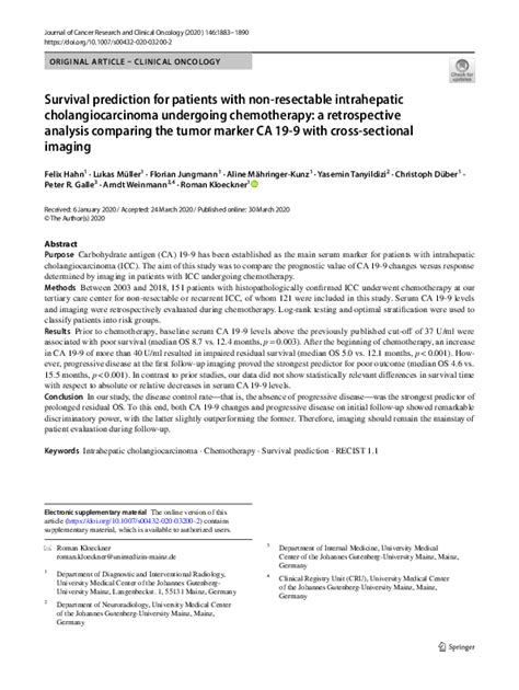 Pdf Survival Prediction For Patients With Non Resectable Intrahepatic Cholangiocarcinoma