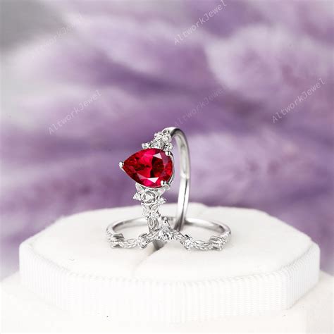 Vintage Pear Shape Ruby Engagement Ring Set Unique White Gold Ruby Bridal Set Art Deco July