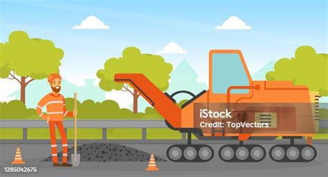 도로 건설 및 수리 건설 노동자 및 중공업 기계 바지 및 안전 헬멧 수리 아스팔트 도로 벡터 일러스트레이션의 빌더 캐릭터 건설 산업에 대한 스톡 벡터 아트 및 기타 이미지