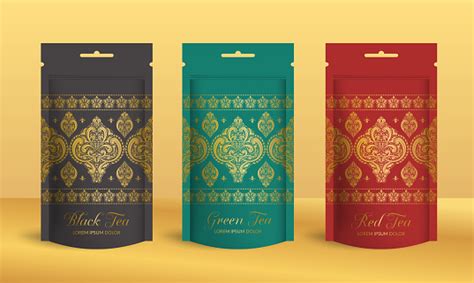 지퍼 파우치 백 모형을 사용한 차 포장 디자인 벡터 장식 템플릿입니다 우아하고 고전적인 요소 음식 음료 및 기타 패키지 유형에