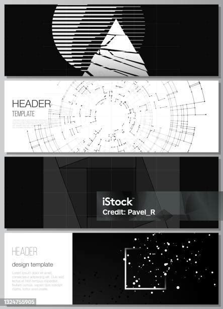 헤더의 벡터 레이아웃 웹 사이트 바닥글자 디자인배너 템플릿 수평 전단지 디자인 웹 사이트 헤더 블랙 컬러 기술 배경 과학 의학 기술 개념의 디지털 시각화 0명에 대한 스톡