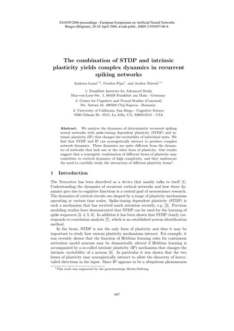 pdf the combination of stdp and intrinsic plasticity yields complex