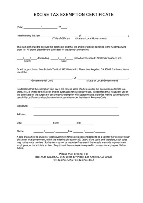 Excise Tax Exemption Certificate Printable Pdf Download