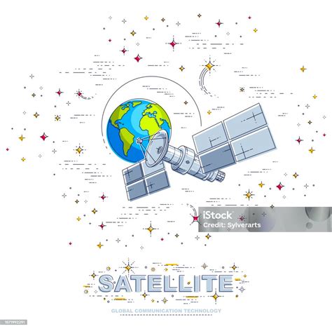 지구 주위에 인공위성 비행 궤도 비행 통신 기술은 별과 그밖 요소에 의해 포위 되는 태양 전지 판 및 인공위성 안테나 격판덮개를 가진 우주선 우주 정거장 벡터 계획에 대한