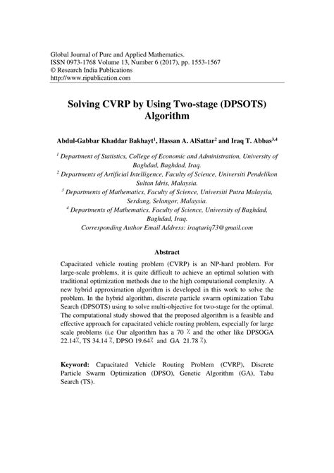 Pdf Solving Cvrp By Using Two Stage Dpsots Algorithm