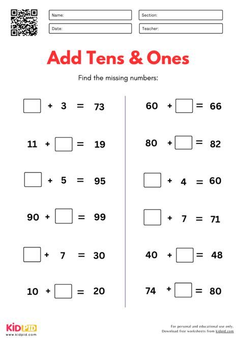 Adding Whole Tens Ones Missing Addend Worksheets For Grade 1 Kidpid