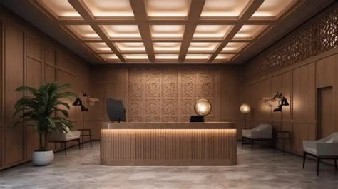 An Office Reception With Wooden Paneled Walls And A Light Ceiling