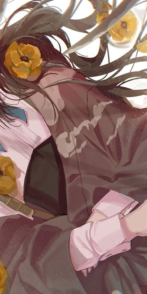 Шпалери на телефон Аніме Оригінал Каштанове Волосся Квітка Довге Волосся Червоні Очі