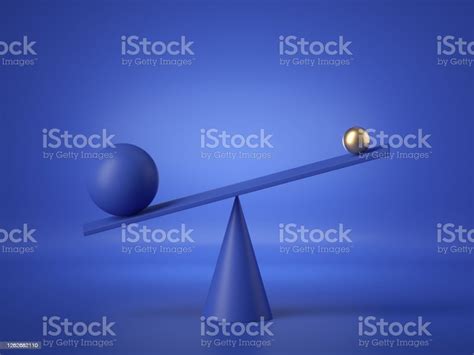 3d 렌더링 계량 저울에 배치 된 파란색과 금 공의 균형 파란색 배경에 격리 추상기적 기하학적 원시 모양 통계 차트 비교 은유 균형 개념 규모에 대한 스톡 사진 및 기타