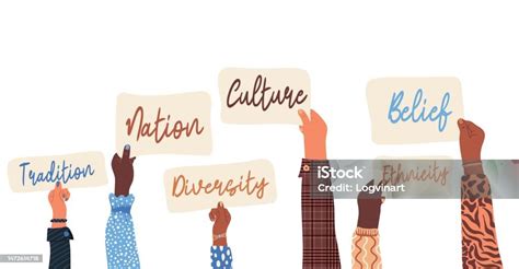 텍스트가 있는 배너를 들고 있는 다양한 인간의 손 문화적 민족 다양성 개념 개념에 대한 스톡 벡터 아트 및 기타 이미지 개념 공동체 글로벌 비즈니스 Istock