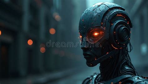 Detailed Android Head Glowing Light Through The Eyes Stock Illustration