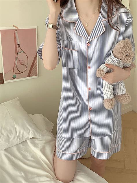 믹스 파스텔 스트라이프 줄무늬 여자 여름 반팔 반바지 잠옷 파자마 세트