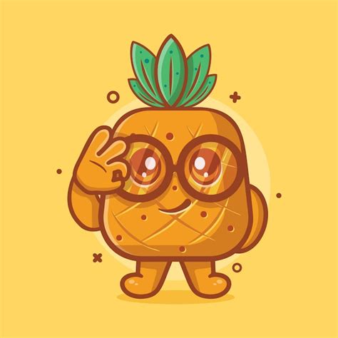 확인 기호 손 제스처와 귀여운 파인애플 과일 캐릭터 평면 스타일 디자인에 고립 된 만화 프리미엄 벡터