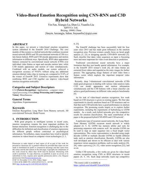 Pdf Video Based Emotion Recognition Using Cnn Rnn And C3d Hybrid Networks