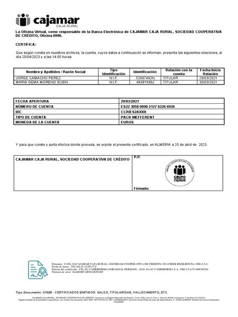 Certificado Cuenta Cajamar Pdf Bancario Business