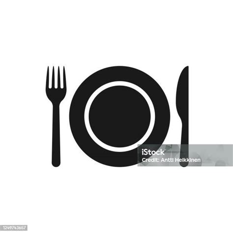 포크 나이프와 플레이트 아이콘 로고 심플한 플랫 쉐이프 레스토랑 또는 카페 장소 표지판 주방 및 식당 메뉴 기호 벡터 일러스트 이미지입니다 흰색 배경에 고립 된 검은 실루엣