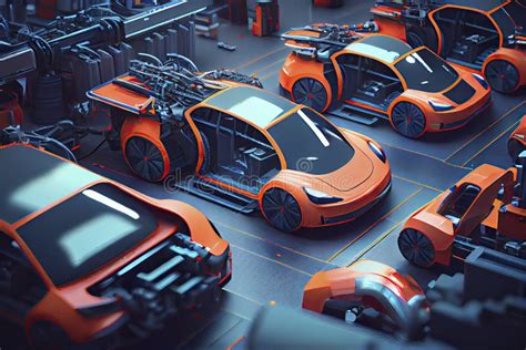 Automation Automobile Factory Concept With 3d Rendering Robot Assembly Line In Car Factory Stock