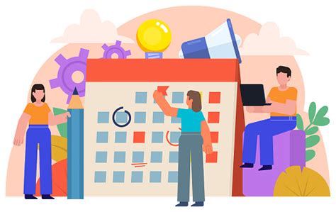 시간 관리 사무 계획 일상 생활 사람들은 큰 달력 근처에 서 있습니다 소셜 미디어 프리젠 테이션 웹 페이지 배너 포스터 개념에