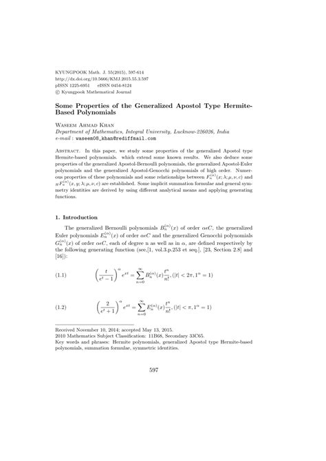 Pdf Some Properties Of The Generalized Apostol Type Hermite Based