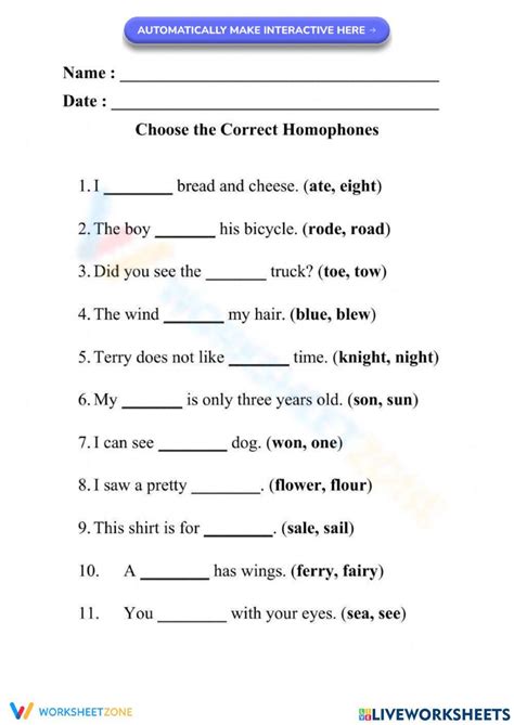 Homophones Free Interactive Worksheets 7082724