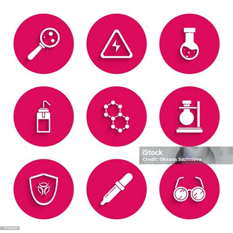돋보기 아이콘 아래에 분자 피펫 실험실 유리 시험관 플라스크 생물학적 위험 기호 방패 세척 병 화학 물질 및 미생물을 설정합니다 벡터 건강 검진에 대한 스톡 벡터 아트 및