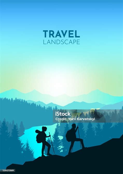 커플 등반가 새벽에 정상에 오르기 자연을 발견하고 탐험하고 관찰하는 여행 개념 하이킹 관광 모험 미니멀 한 그래픽 전단지 다각형 플랫 디자인 벡터 일러스트레이션 하이킹에