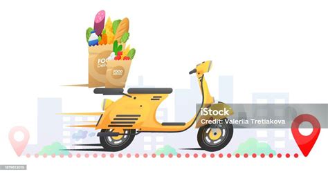 노란색 빠른 배달 복고풍 스쿠터 오토바이 식료품과 음식이 있는 오토바이 도로 지도에 빨간색 핀 흰색에 도시 전단지 포스터 배너