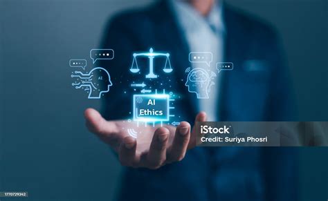 Ai 윤리 또는 Ai 법률 개념 Ai 윤리 강령 개발 규정 준수 규정 표준 비즈니스 정책 및 기계 학습 알고리즘의 의도하지 않은 편향으로부터 보호하기 위한 책임 변호사에