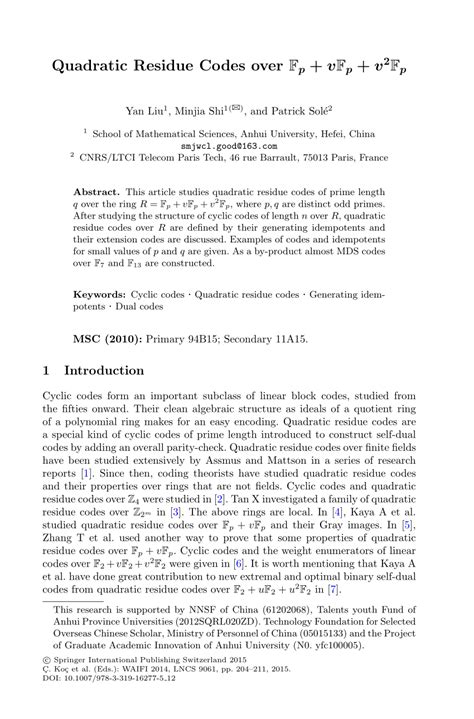 Pdf Quadratic Residue Codes Over Mathbb F Pvmathbb F Pv 2 Mathbb F P