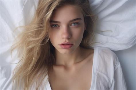 Close Up Morning Portrait Of Attractive Young Sensual Woman Laying On
