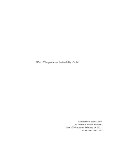 Chem Lab 3 Effect Of Temperature On The Solubility Of A Salt Effect Of Temperature On The