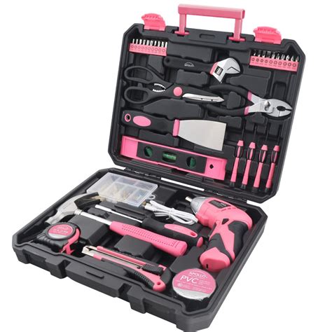 New And Improved 135 Piece Pink Household Tool Set With Pivoting Dual