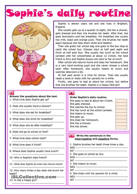 Sophies Daily Routine Reading Comprehension Comprehension Exercises English Lessons