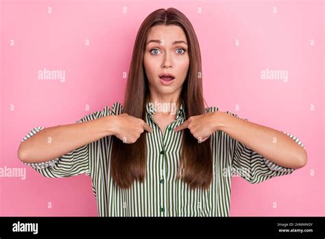 Photo Of Speechless Lady Direct Fingers Herself Accusation Reaction