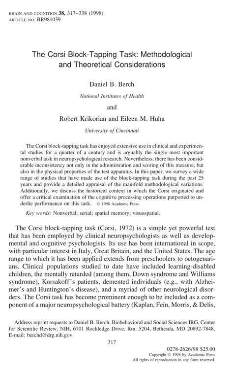 Pdf The Corsi Block Tapping Task Methodological And Theoretical