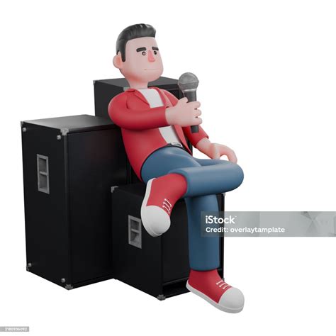 일러스트레이션 남성 보컬리스트 한 남성 가수가 마이크를 들고 세 줄로 늘어선 스피커 사이에 앉아 있다 노래하는 성격 3차원 형태에 대한 스톡 사진 및 기타 이미지 Istock