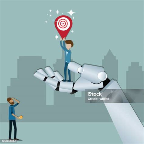 비즈니스 성공의 평면 디자인 빅 로봇의 손은 대상까지 젊은 사람을 들어 올립니다 벡터 벡터에 대한 스톡 벡터 아트 및 기타