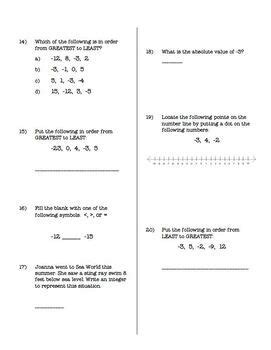 DIGITAL Intro To Integers TEST Comparing Ordering Absolute Value Opposites Key